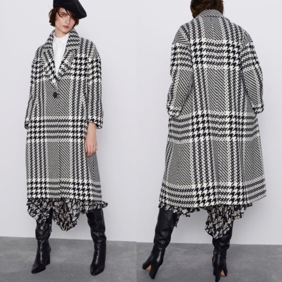 Zara | Jackets & Coats | Zara Textured Black And White Oversized Houndstooth Wool Blend Coat New ...